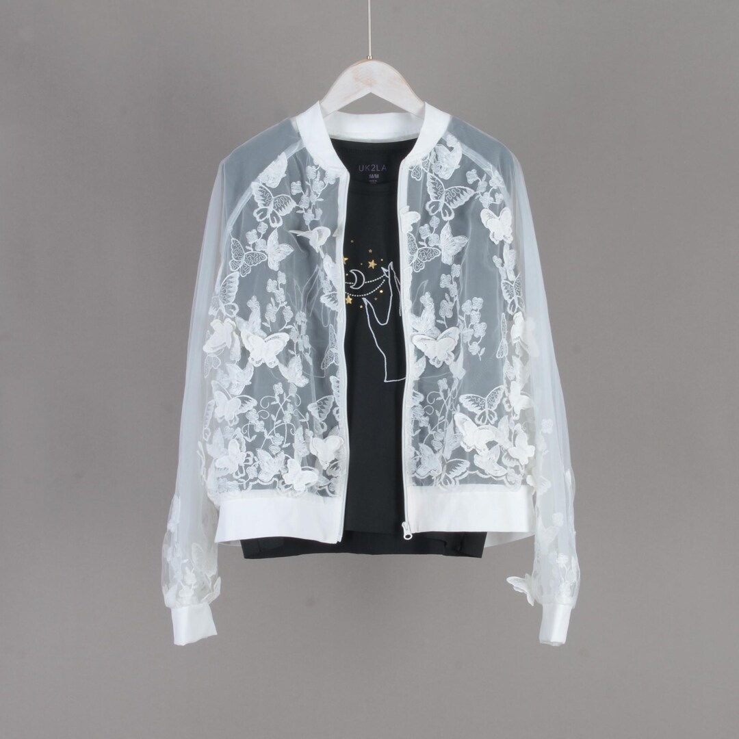 White Butterfly Sequin Bomber Jacket: Sheer Bridal Tulle, Oversized Fit ...