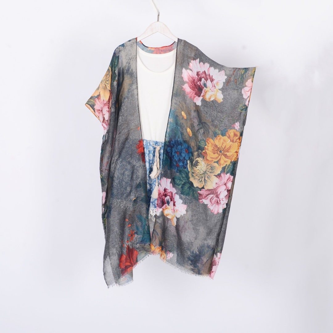 Long Bohemian Kimono,dark Gray Floral Kimono Cardigan,kimono,cardigan ...