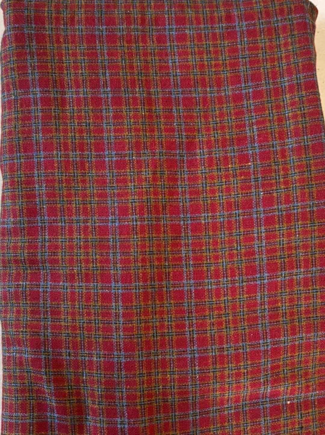 Vintage Wool Plaid Fabric Barn Red Muted Blue Tan Plaid Midweight ...