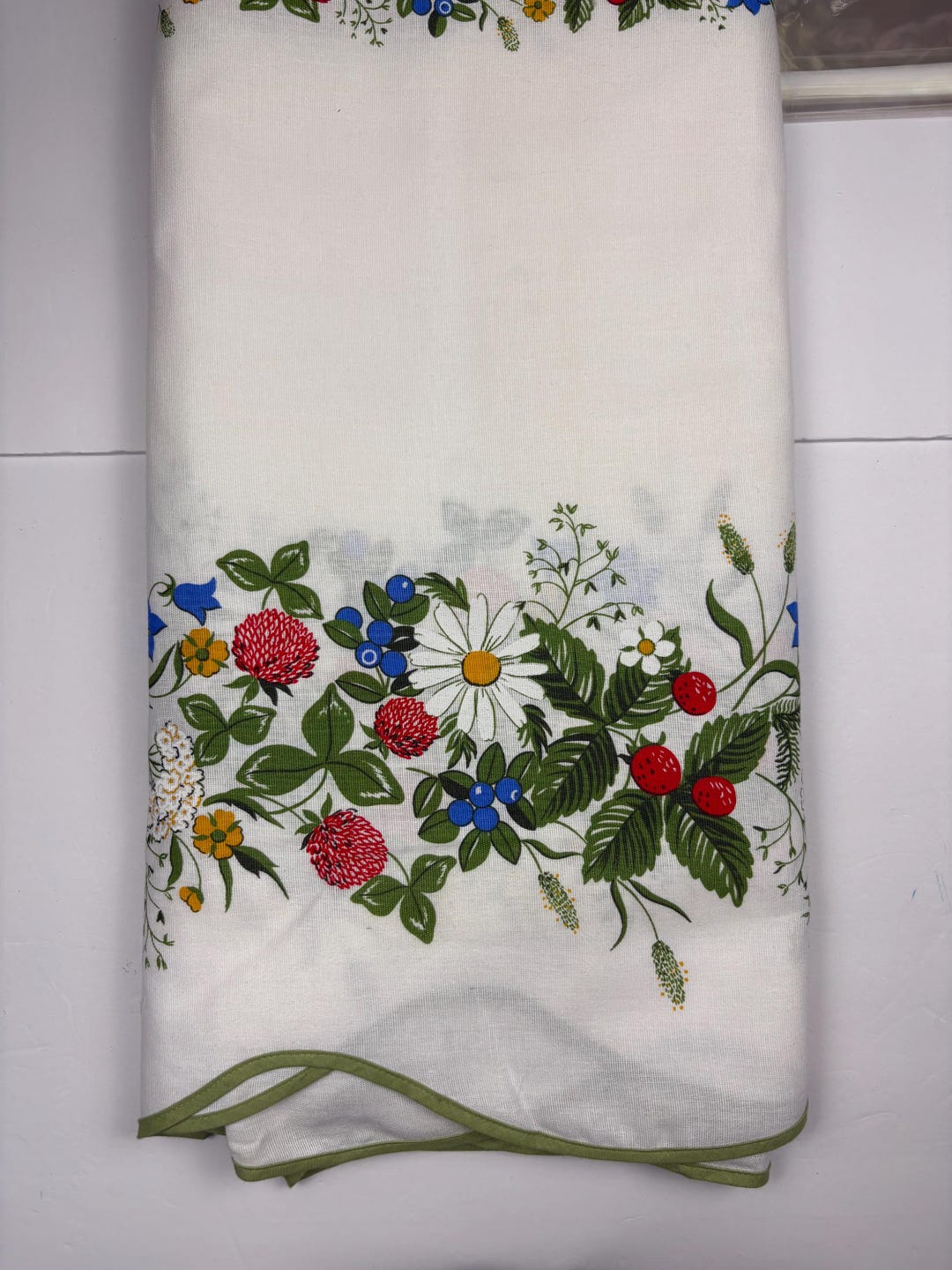 40s 50s Vintage Cafe Curtain Farmhouse Cotton Border Print Daisies Red ...
