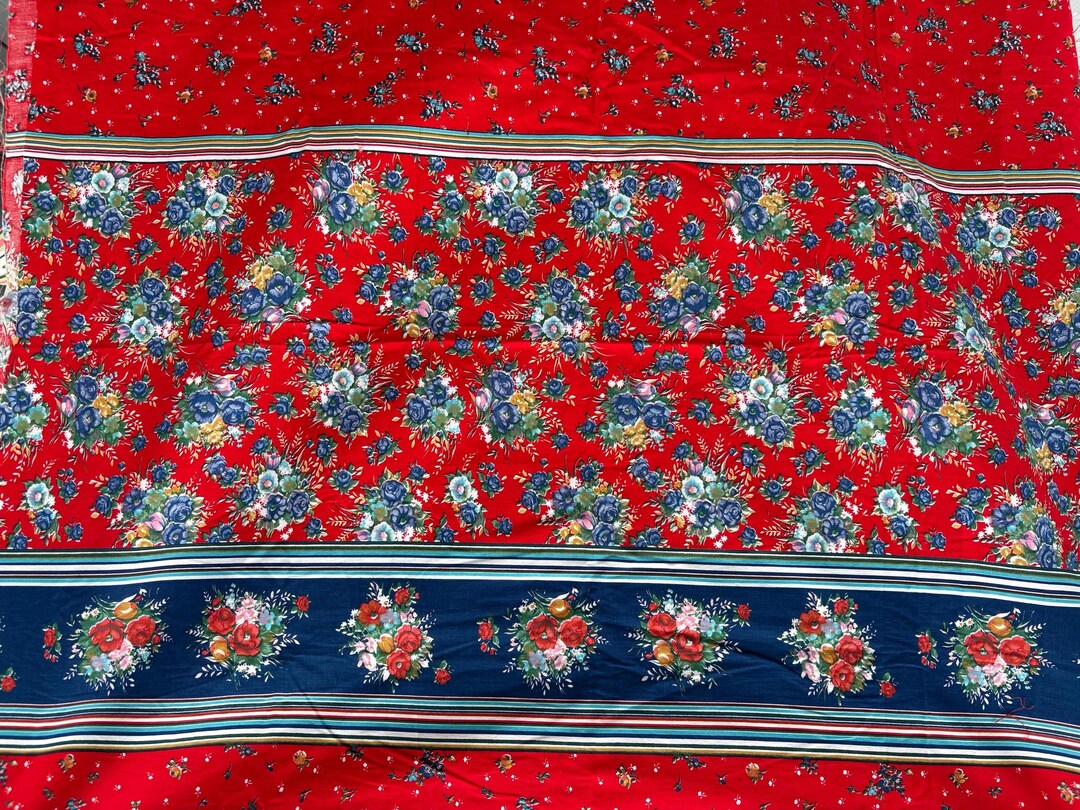 40s 50s Vintage Cafe Curtain Farmhouse Cotton Border Print Rose Red ...