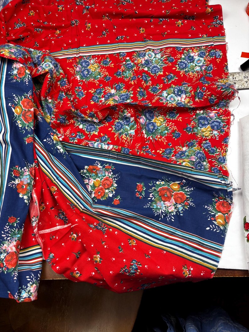 40s 50s Vintage Cafe Curtain Farmhouse Cotton Border Print Rose Red ...