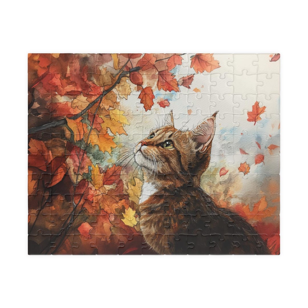 Fall Leaves Cat Jigsaw Puzzle: Autumn Brain Teaser Cat Jigsaw Puzzle ...