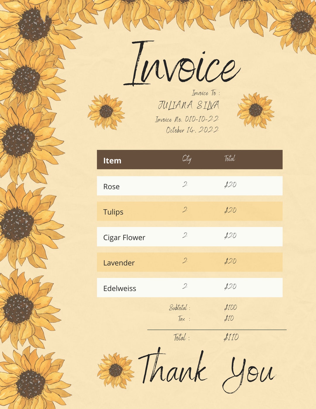 Invoice Sunflower Template, Flower Template, Receipt, Business - Etsy