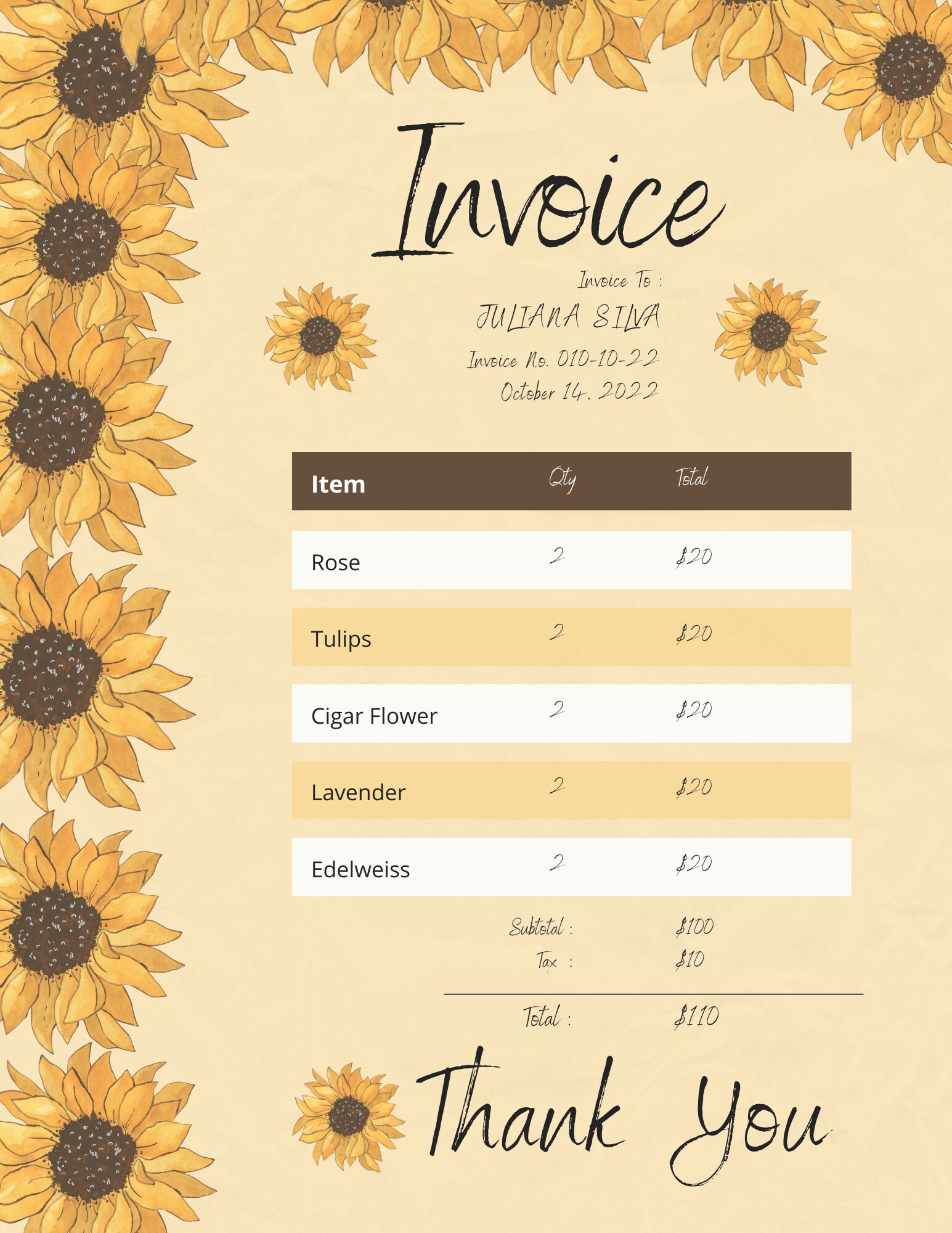 Invoice Sunflower Template, Flower Template, Receipt, Business - Etsy