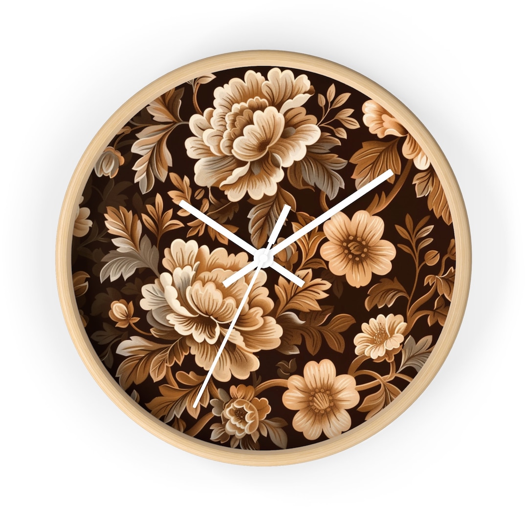 Floral Wall Clock: Creme Flowers on Brown - 10" Wood Frame - Etsy