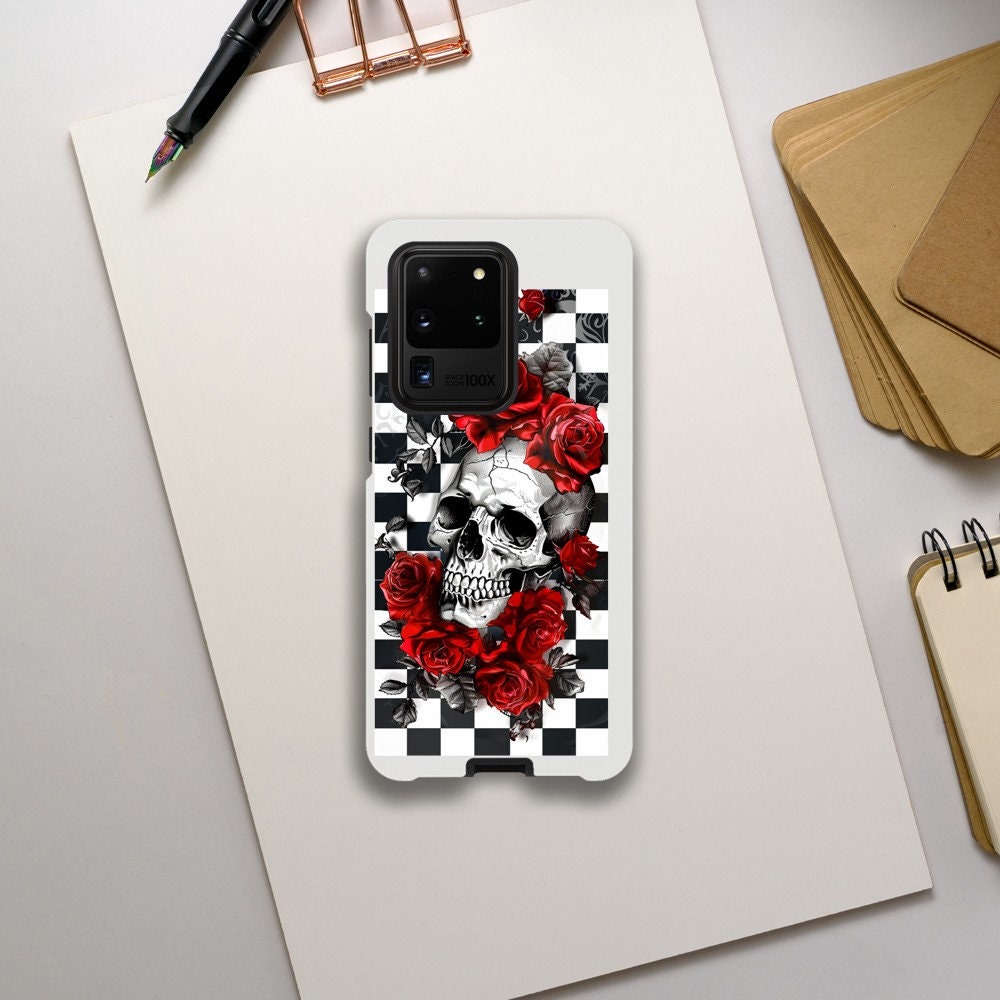 Checkered Skeleton and Roses Tough Case, Red Roses, Black and White ...