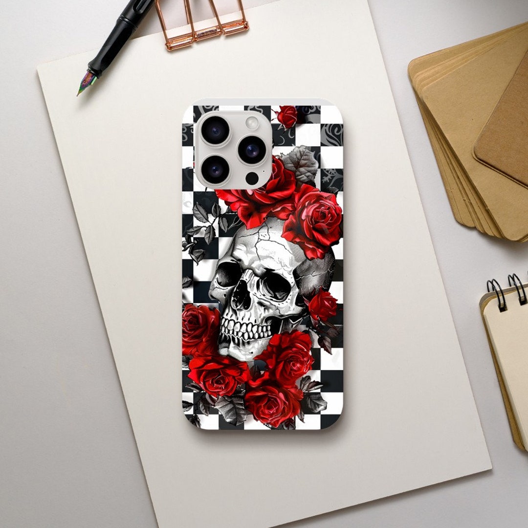 Checkered Skeleton and Roses Tough Case, Red Roses, Black and White ...