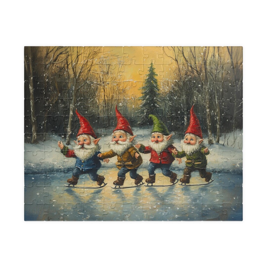 Gnomes Skating Jigsaw Puzzle: Enchanted Winter Scene Gnome Jigsaw ...