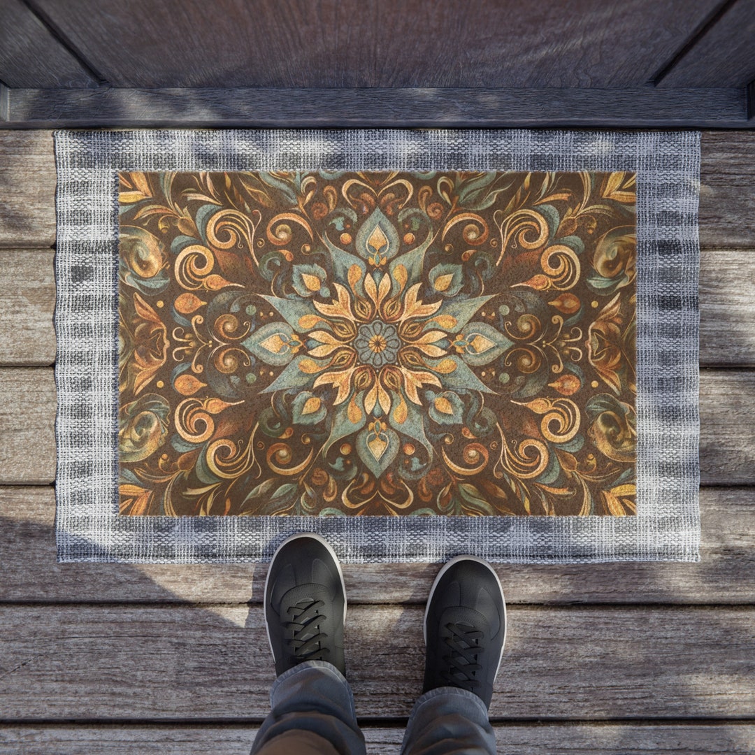 Intricate Boho Doormat: Blue & Yellow Coir Fiber Outdoor Mat - Etsy