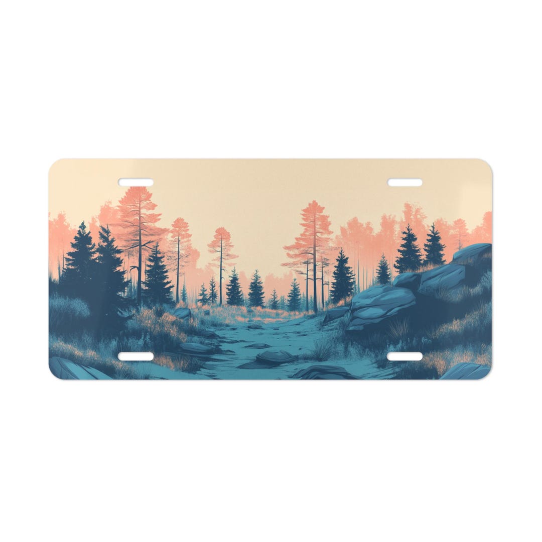 Pine Tree Forest Aluminum Vanity Plate: Blue Peach Silhouette - Etsy