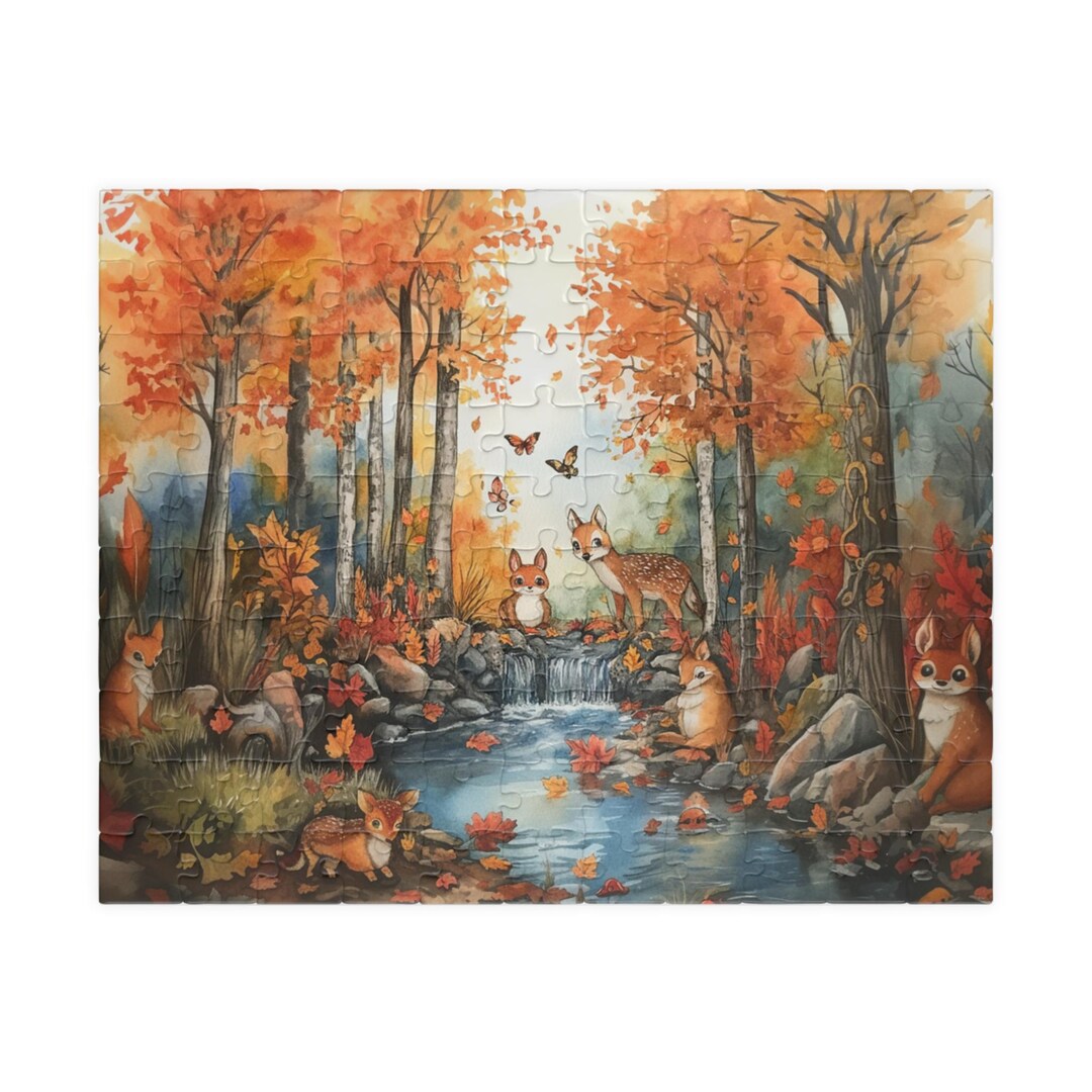 Fall Forest Animals Jigsaw Puzzle: Autumn Waterfall Scene, Fall Jigsaw ...