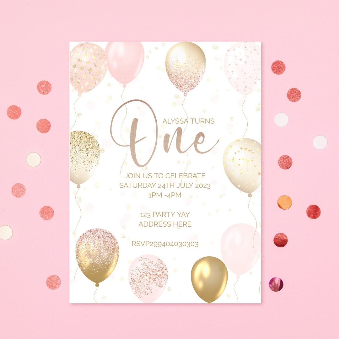 First Birthday Party Invitation Digital , One , Rose Gold Gold Party ...