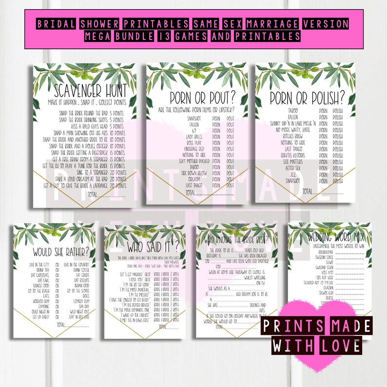 Same Sex Bridal Shower Games Set Mrs And Mrs Botanical Etsy