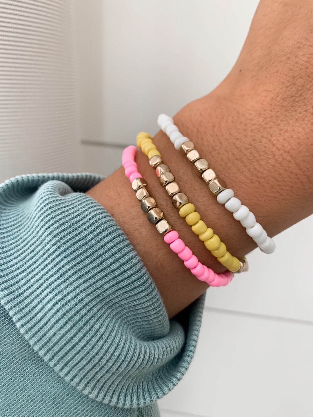 Gold Square Block Stacking Bracelet | Charm Bracelet | Beaded Bracelet ...