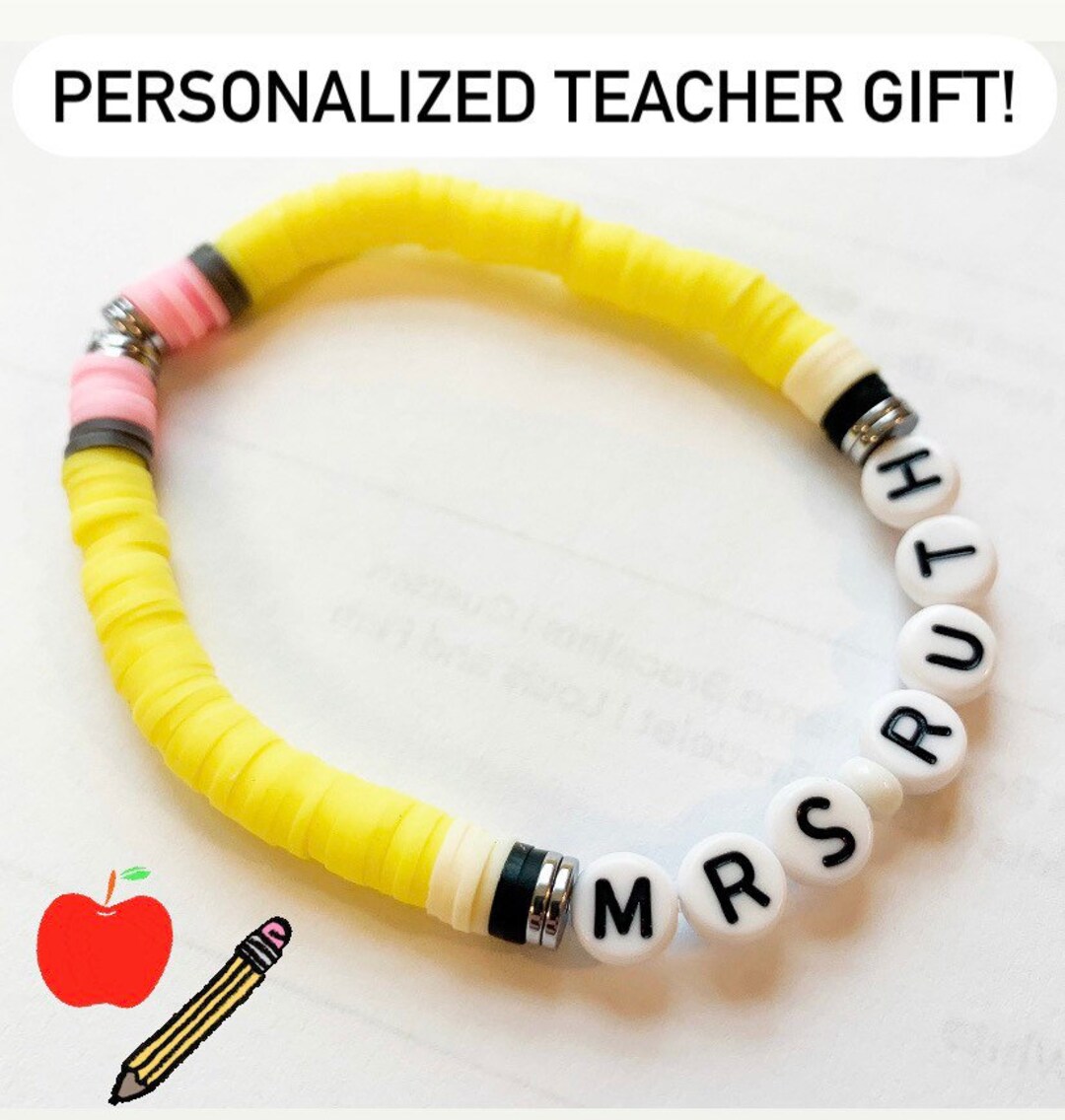 Personalized Teacher Pencil Bracelet: Heishi Disc Beaded Name Bracelet - Etsy