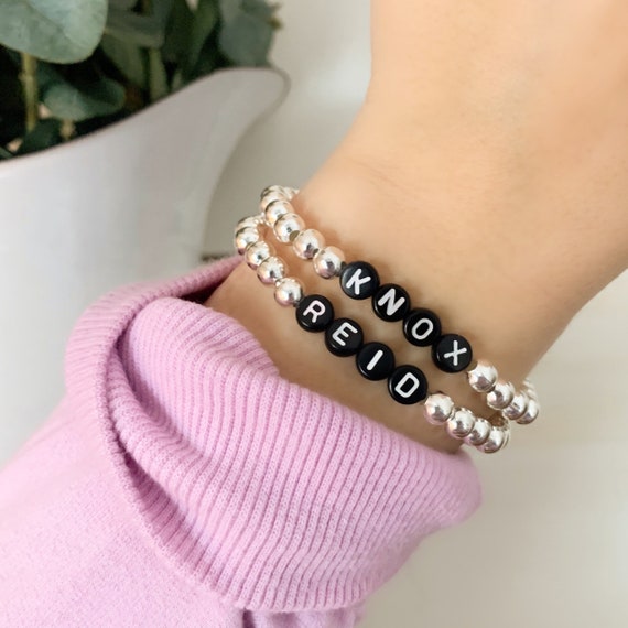 New Black Bead Letters Silver Beaded Personalized Custom Beaded Name Bracelets Custom Word Beaded Bracelets Name Bracelet