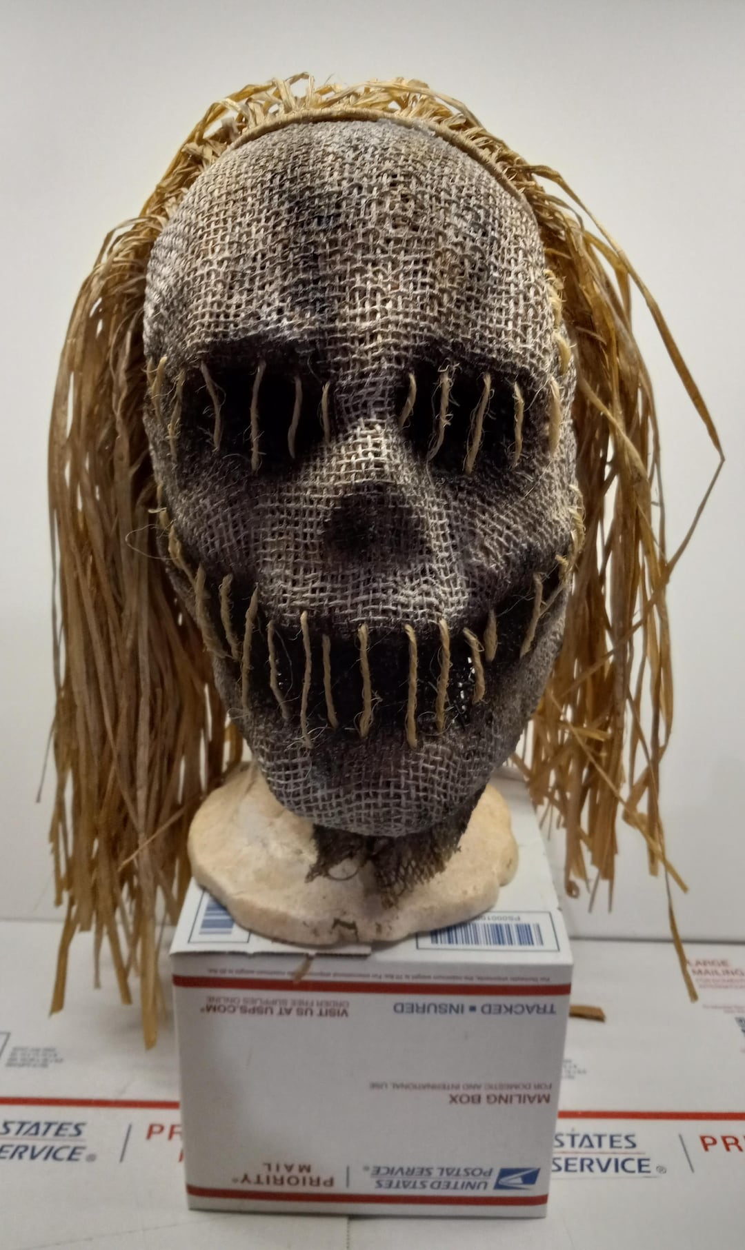 Burlap Scarecrow Skully Mask Prop Halloween Haunt Hand Made Horror 3/4 ...