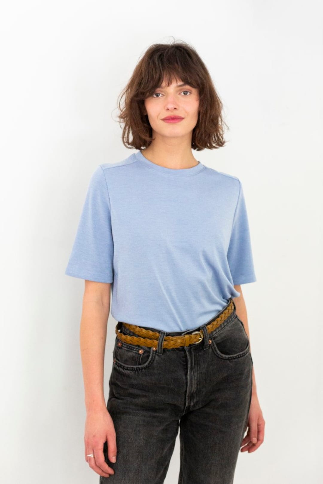 Sky Blue T-shirt, Cotton & Silk T-shirt, Short Sleeves Top, Minimalist ...