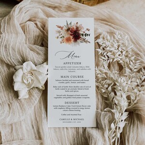 Burgundy Boho Floral Menu Cards Template, Boho Floral Reception Menu ...