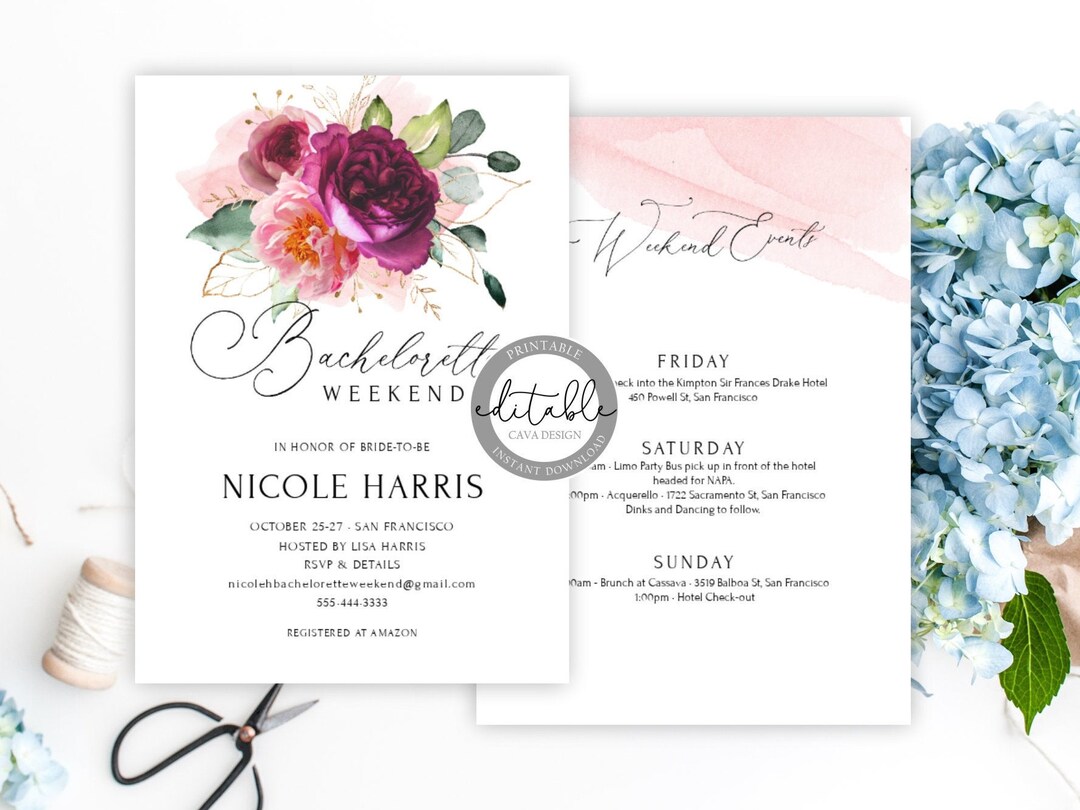 Bachelorette Weekend Invitation Template, Blush Floral Bachelorette ...