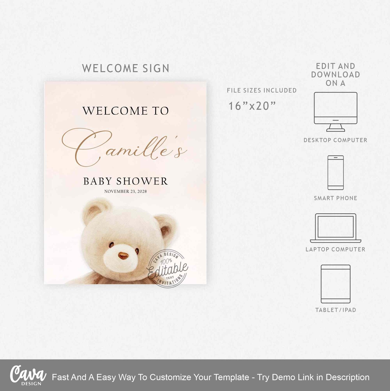 Editable Bear Baby Shower Welcome Teddy Bear Baby Shower - Etsy