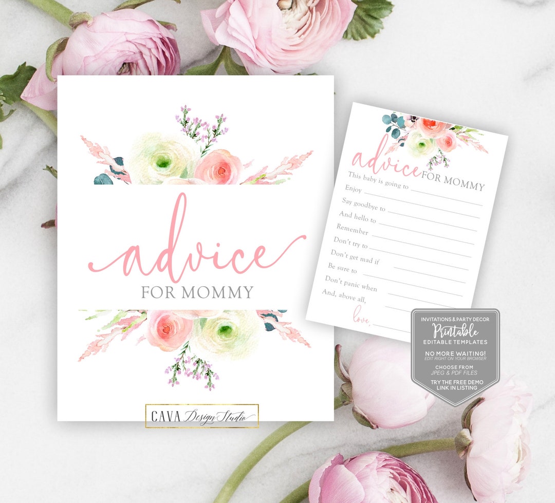 Printable Pink Floral Advice for Mom Sign and Print, Well Wishes for ...