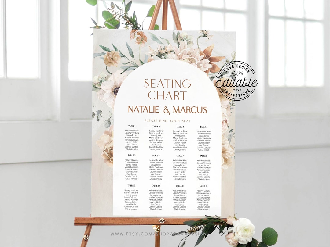 Boho Wedding Seating Chart Template, Boho Botanical Wedding Table Chart ...
