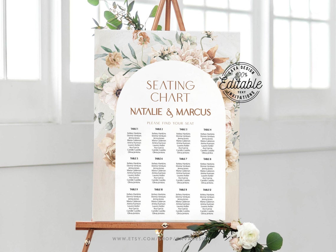 Boho Wedding Seating Chart Template, Boho Botanical Wedding Table Chart ...