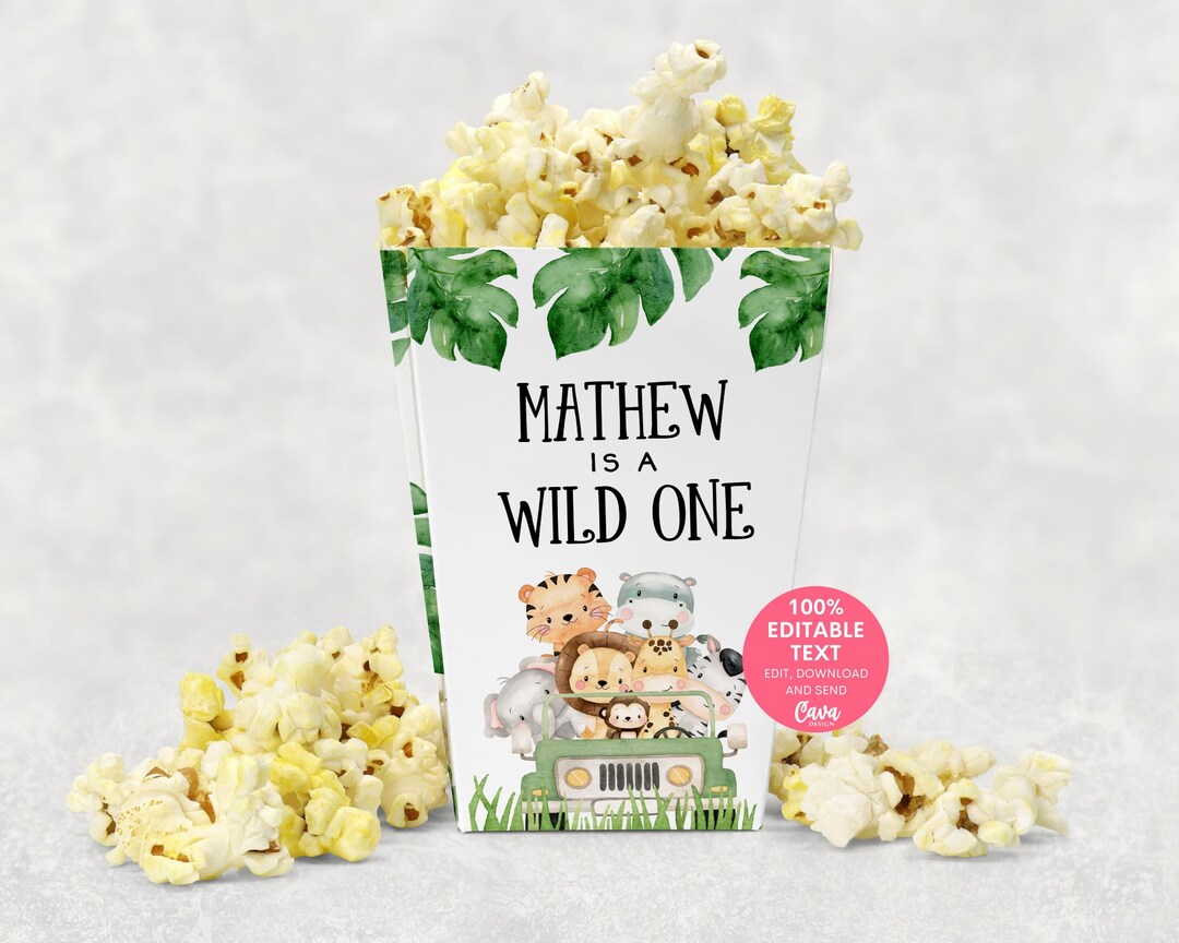 Safari Wild One Popcorn Box Printable, Jungle Theme Popcorn Box ...