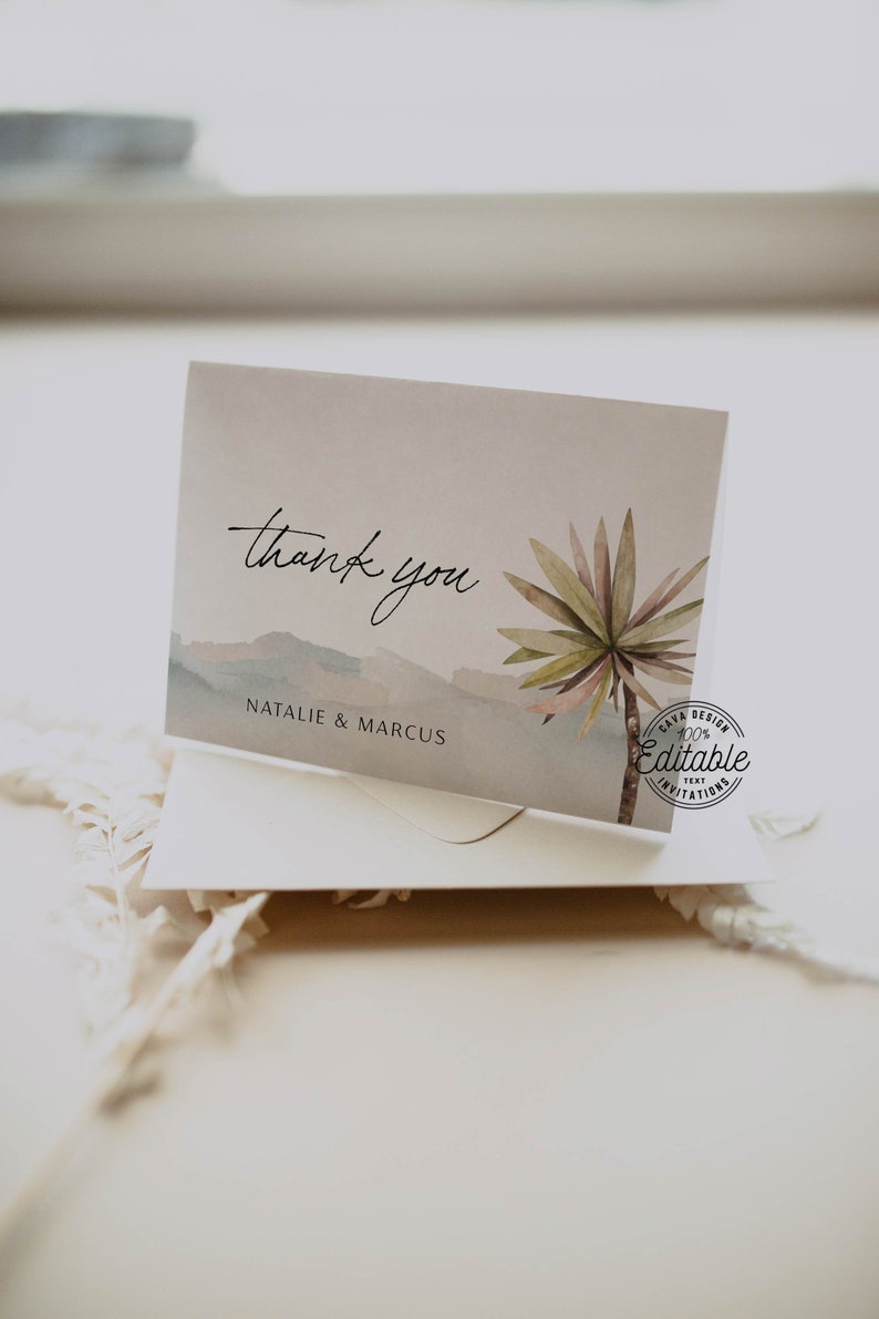 Desert Thank You Card Printable, Cactus Palm Wedding Thank You Card ...