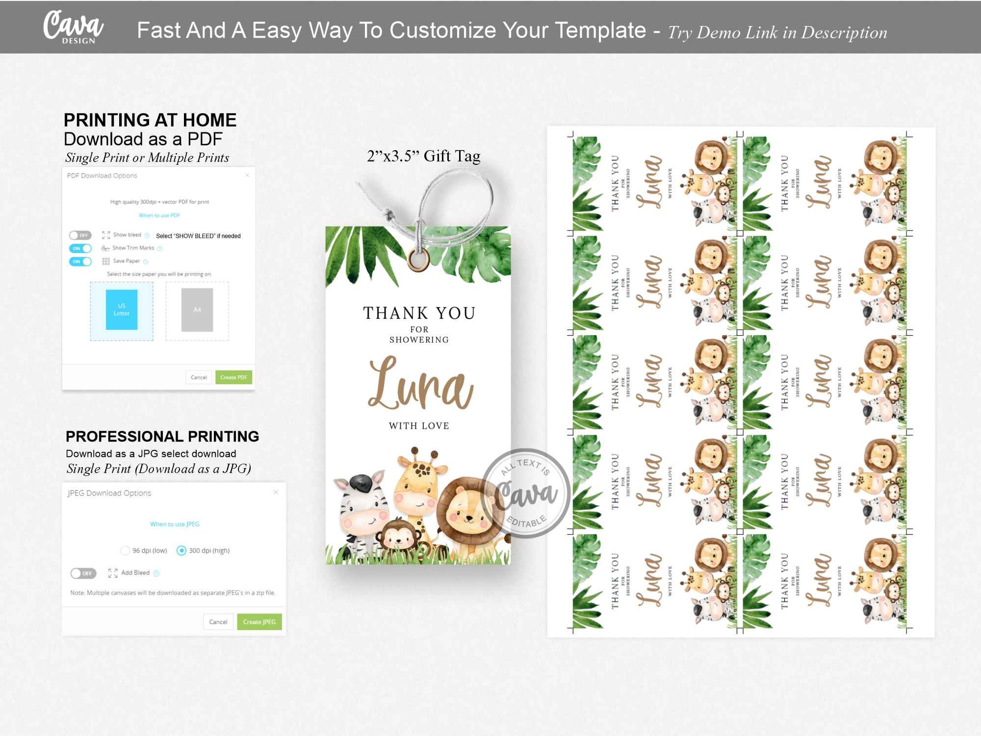 Editable Boy Safari Baby Showefavor Tags, Printable Jungle Birthday ...