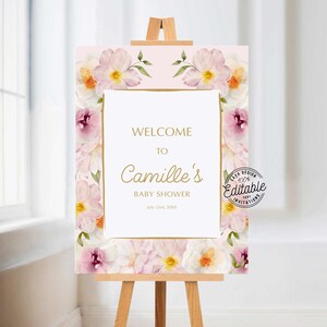 Pink Floral Baby Shower Welcome Sign, Floral Baby Welcome, Baby Shower ...
