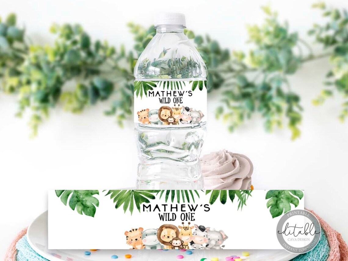 Safari Wild One Water Bottle Label Template, Jungle Birthday Themed ...