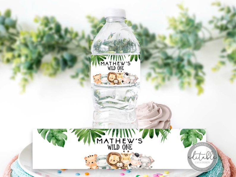 Safari Wild One Water Bottle Label Template, Jungle Birthday Themed ...