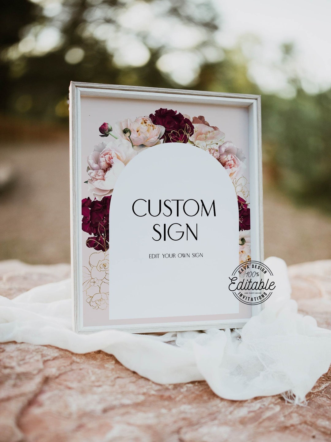 Editable Boho Arched Custom Sign, Printable Burgundy and Blush Floral ...