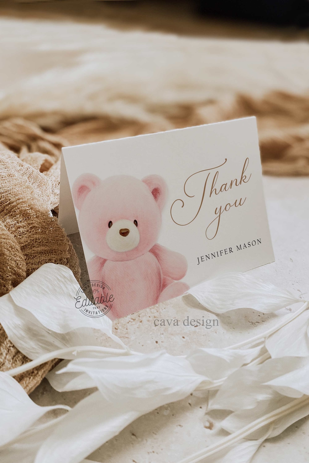 Pink Bear Thank You Card, Thank You Note Teddy Bear, Folded Thank You ...