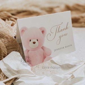 Pink Bear Thank You Card, Thank You Note Teddy Bear, Folded Thank You ...