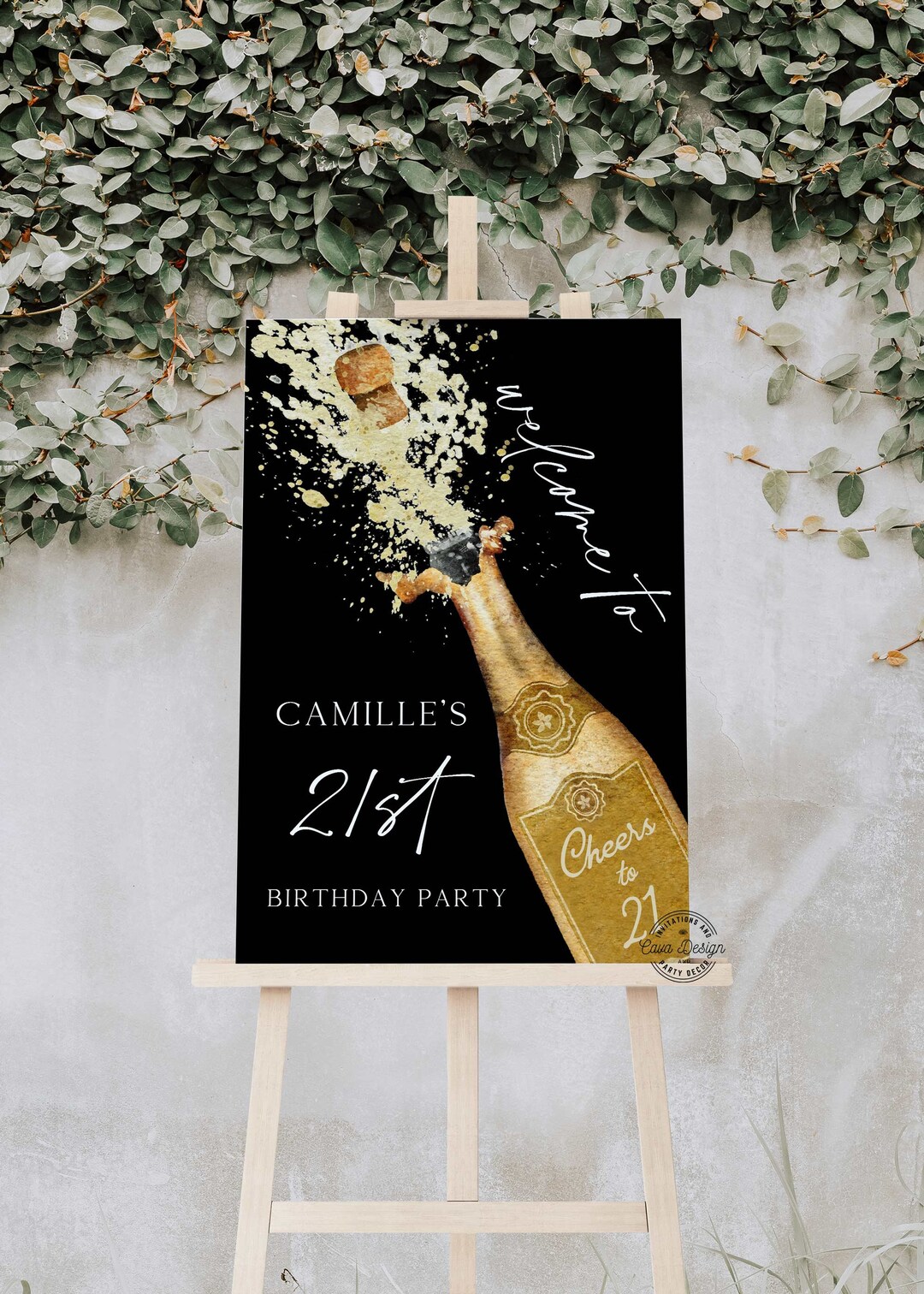 21st Birthday Welcome Sign | Black and Gold Champagne Bottle Party ...
