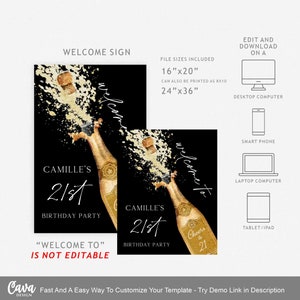 21st Birthday Welcome Sign | Black and Gold Champagne Bottle Party ...