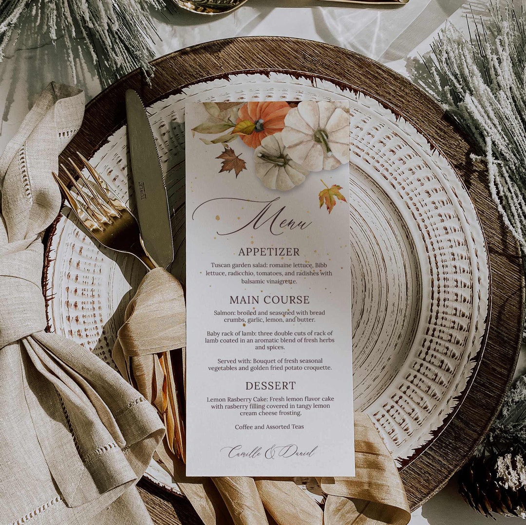 Fall Menu Card, Pumpkin Wedding Menu Card Template, Rustic Wedding ...