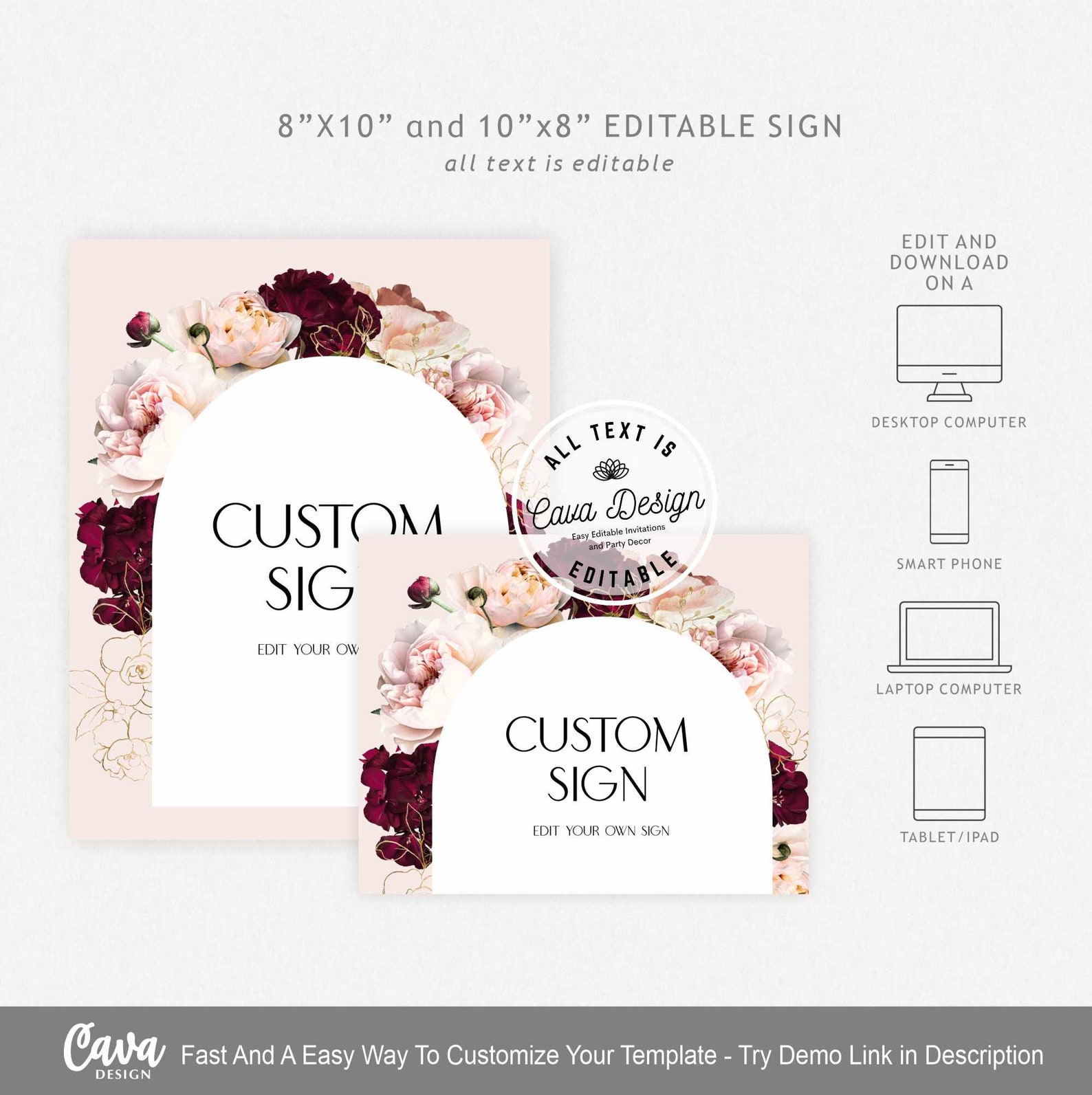 Editable Boho Arched Custom Sign Printable Burgundy and Blush - Etsy