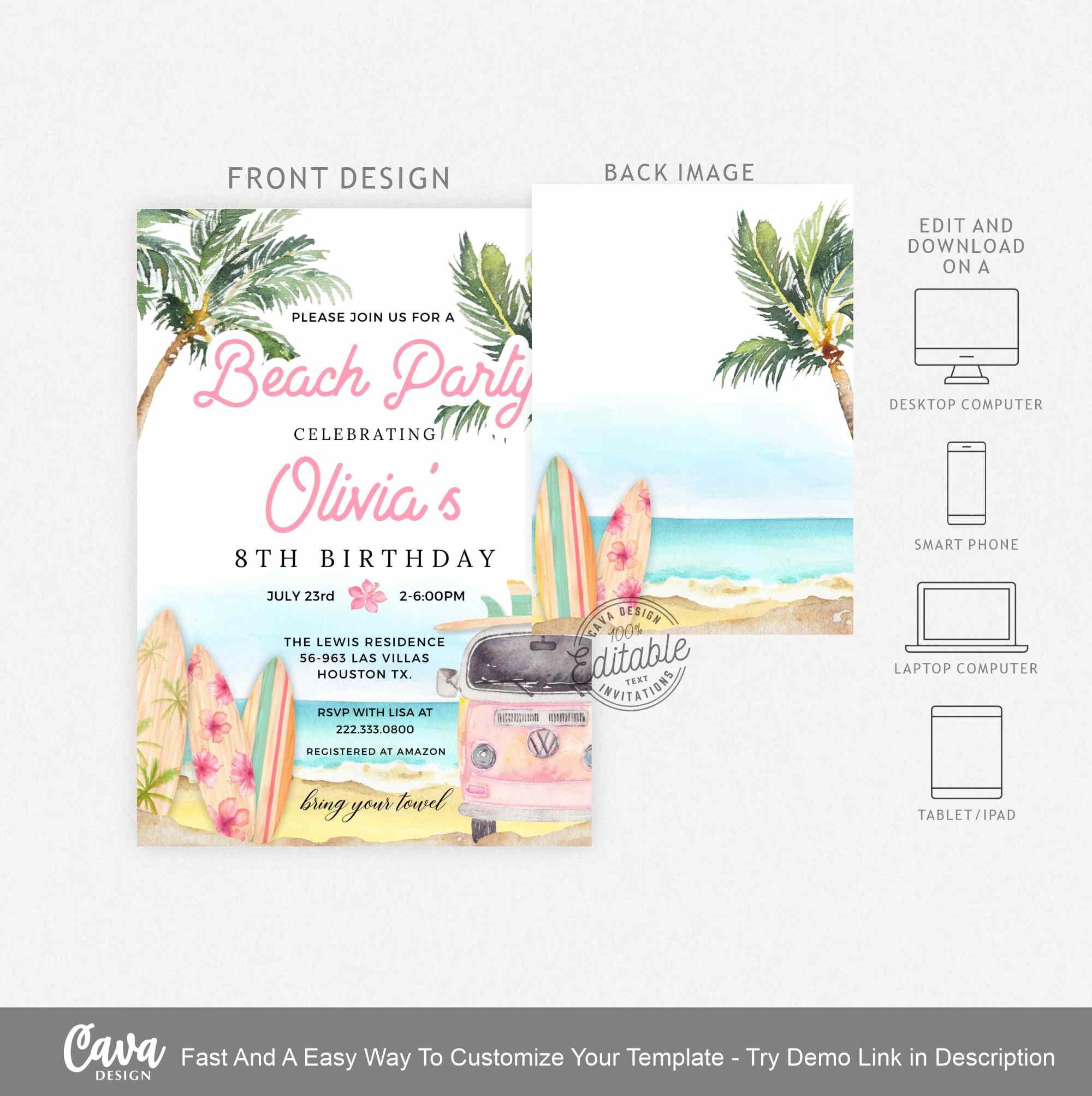 Girl Beach Party Birthday Invitation, Evite Ocean Birthday Invitation ...