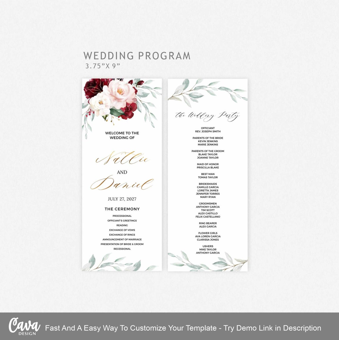 Burgundy Flower Wedding Program Template Editable Program | Etsy