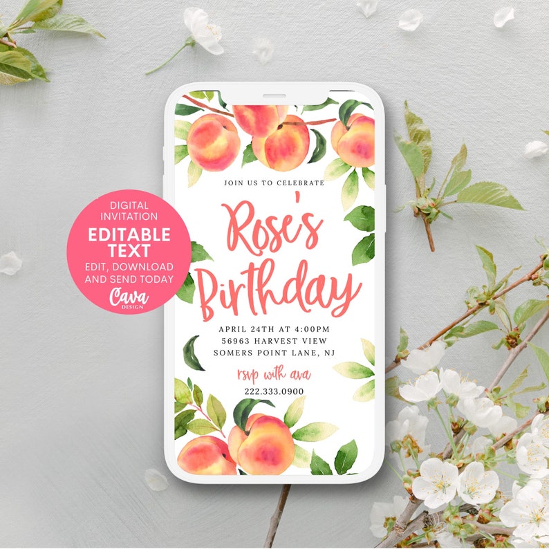 Editable Peach Birthday Electronic Invitation Peach Theme | Etsy