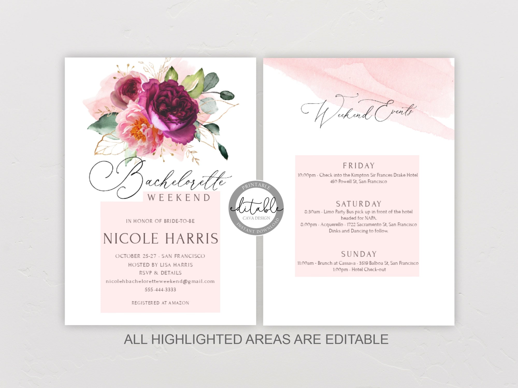 Bachelorette Weekend Invitation Template Blush Floral | Etsy