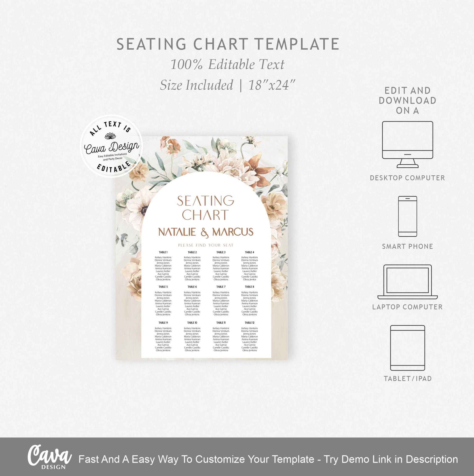 Boho Wedding Seating Chart Template, Boho Botanical Wedding Table Chart ...