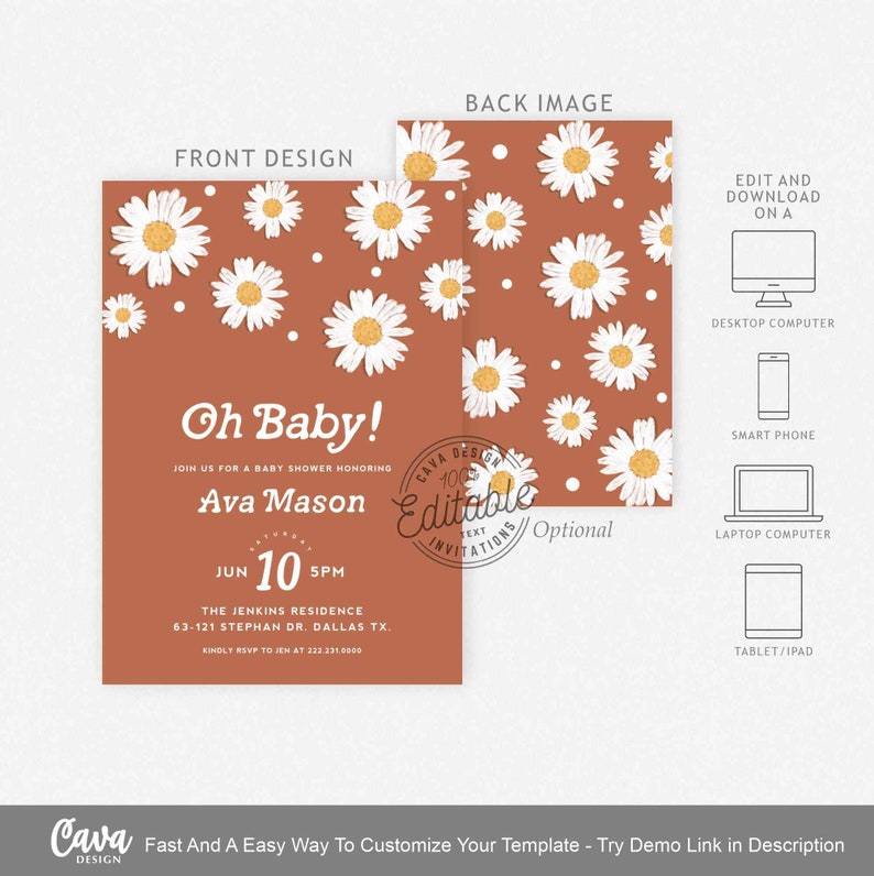 Daisy Baby Shower Invitation Oh Baby Retro Daisy Baby Shower | Etsy