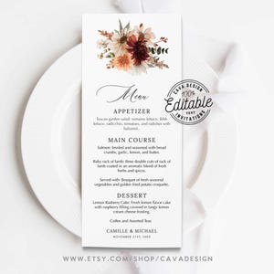 Burgundy Boho Floral Menu Cards Template, Boho Floral Reception Menu ...