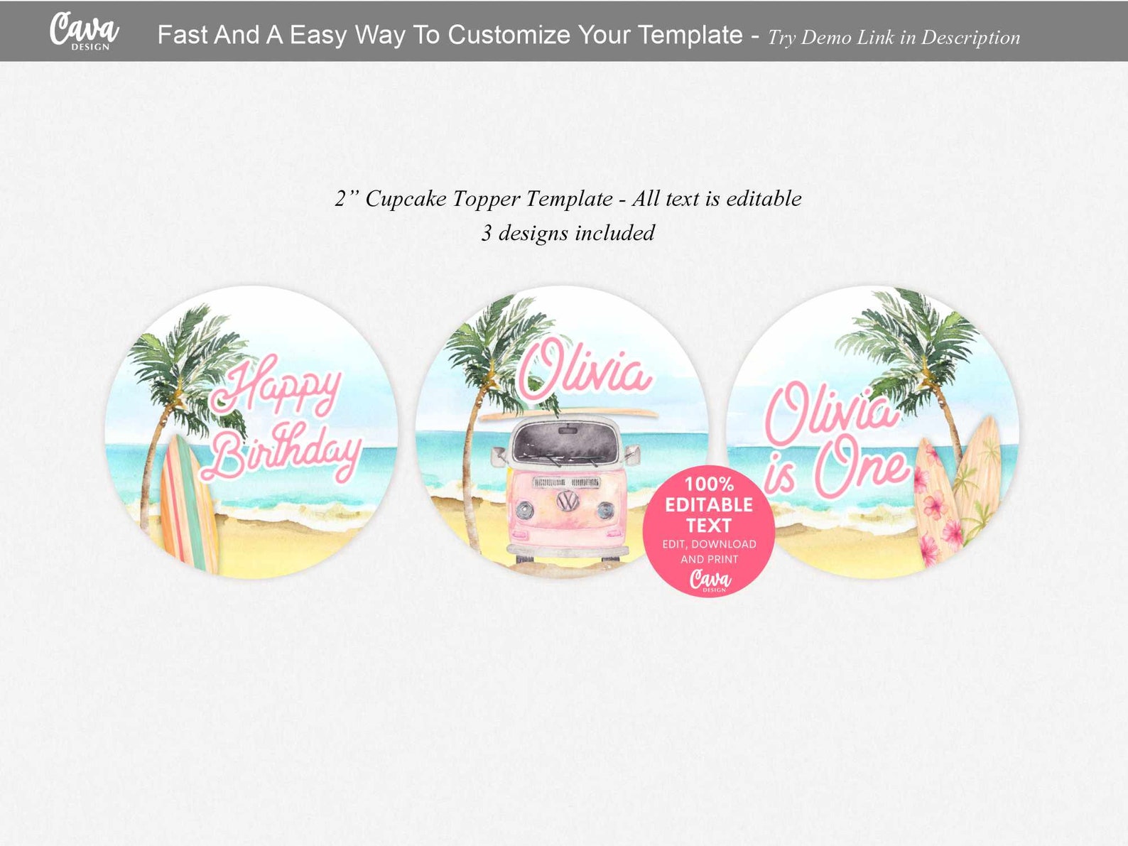 Beach Girl Birthday Cupcake Toppers Template, Girl Surfing Birthday ...